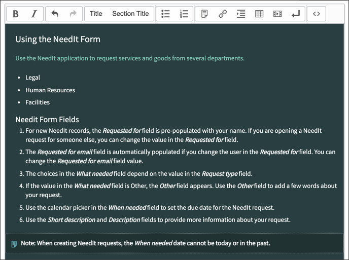 Exercise: Add Content to NeedIt Form Embedded Help Records | ServiceNow Developers
