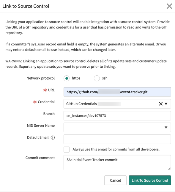 Linking an Application to Source Control | ServiceNow Developers