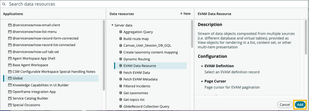 Adding an EVAM Data Resource to a Page | ServiceNow Developers